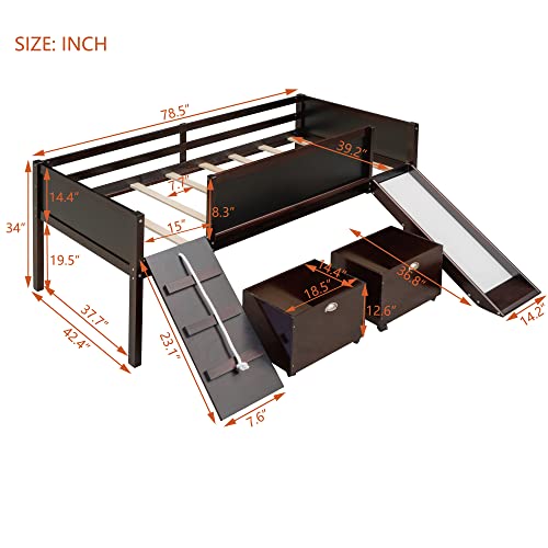 GINGVAT Twin Size Loft Bed with Two Storage Boxes, Wood Loft Bed with Climbing Frame, Slide and Guardrails,Multi-Functional,Espresso