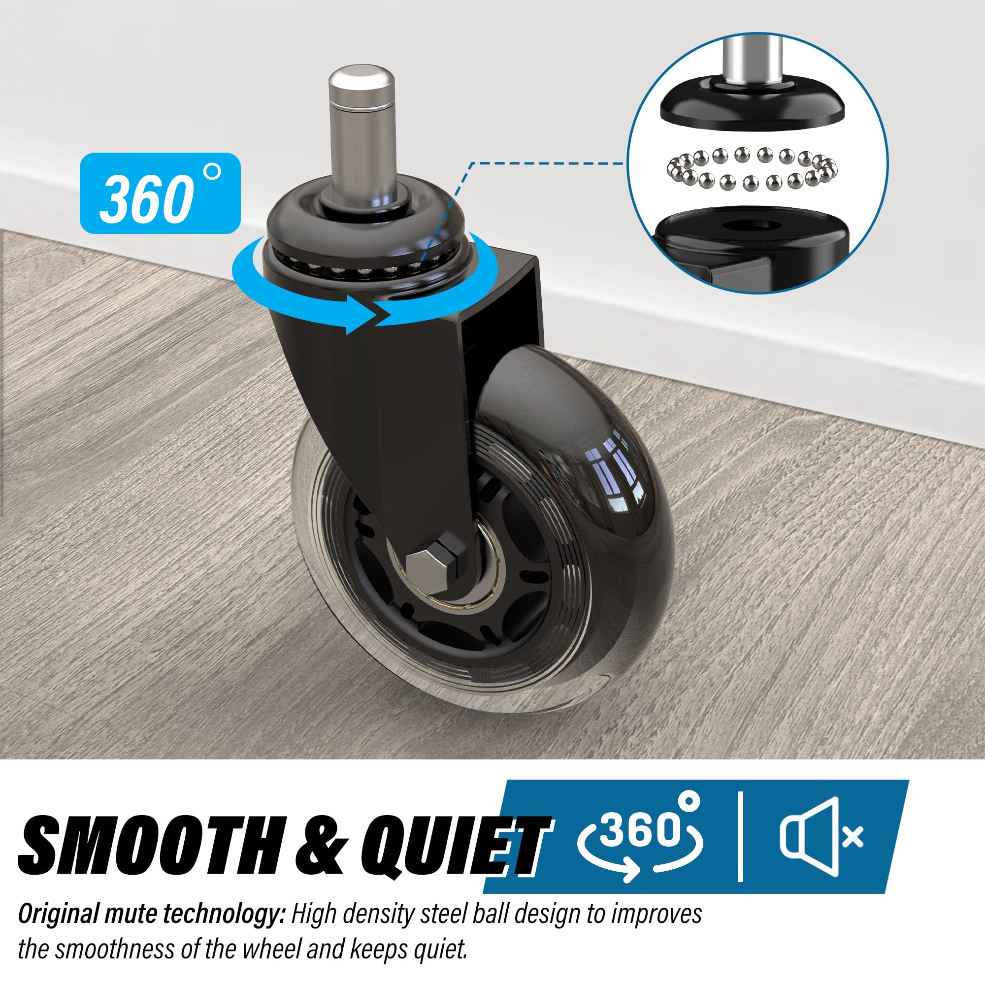 WEWILL Rollerblade Office Chair Wheels Replacement 99% Universal Fit Chair Casters(Set of 5) Heavy Duty Rubber Casters 3 INCH Smoothly & Quietly Safe for All Floor, Hardwood, Tile, Carpet
