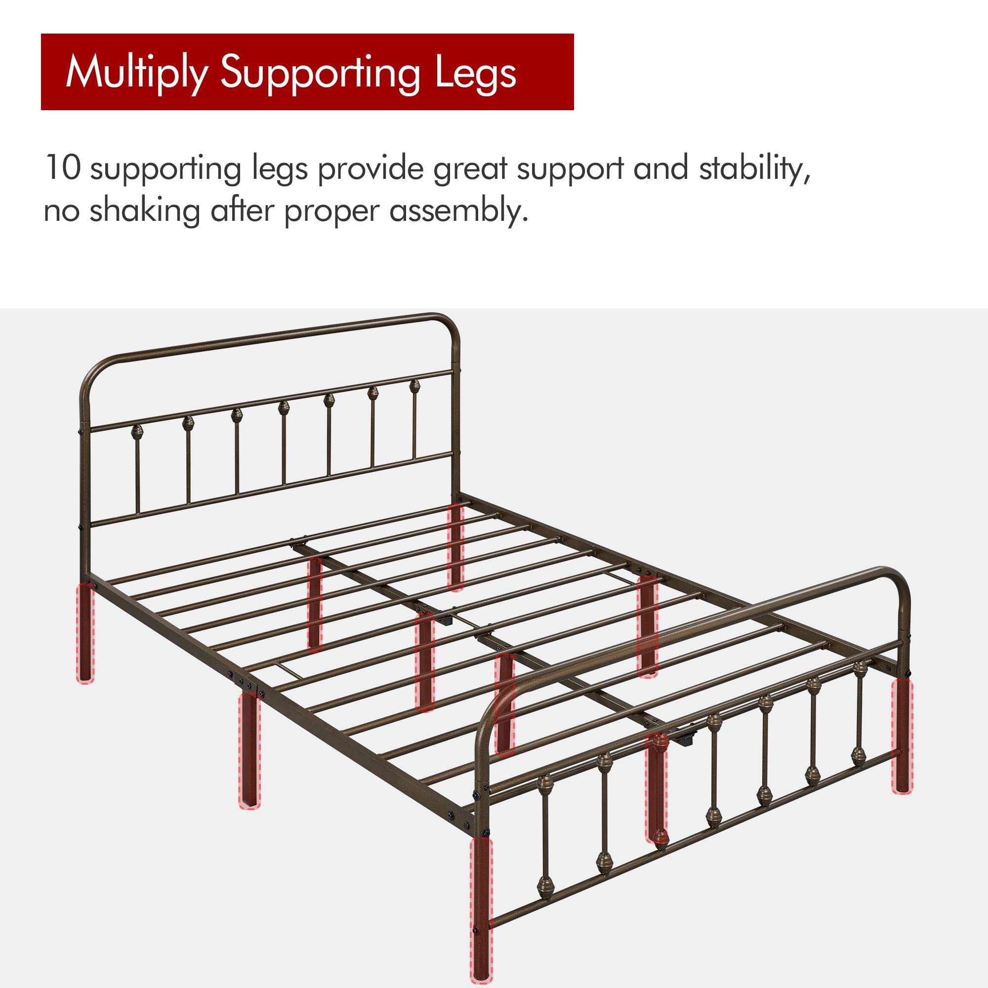 Topeakmart Queen Size Victorian Style Metal Bed Frame with Headboard/Mattress Foundation/No Box Spring Needed/Under Bed Storage/Strong Slat Support Bronze