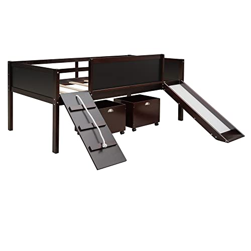 GINGVAT Twin Size Loft Bed with Two Storage Boxes, Wood Loft Bed with Climbing Frame, Slide and Guardrails,Multi-Functional,Espresso