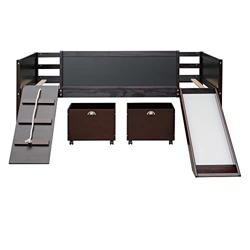 GINGVAT Twin Size Loft Bed with Two Storage Boxes, Wood Loft Bed with Climbing Frame, Slide and Guardrails,Multi-Functional,Espresso
