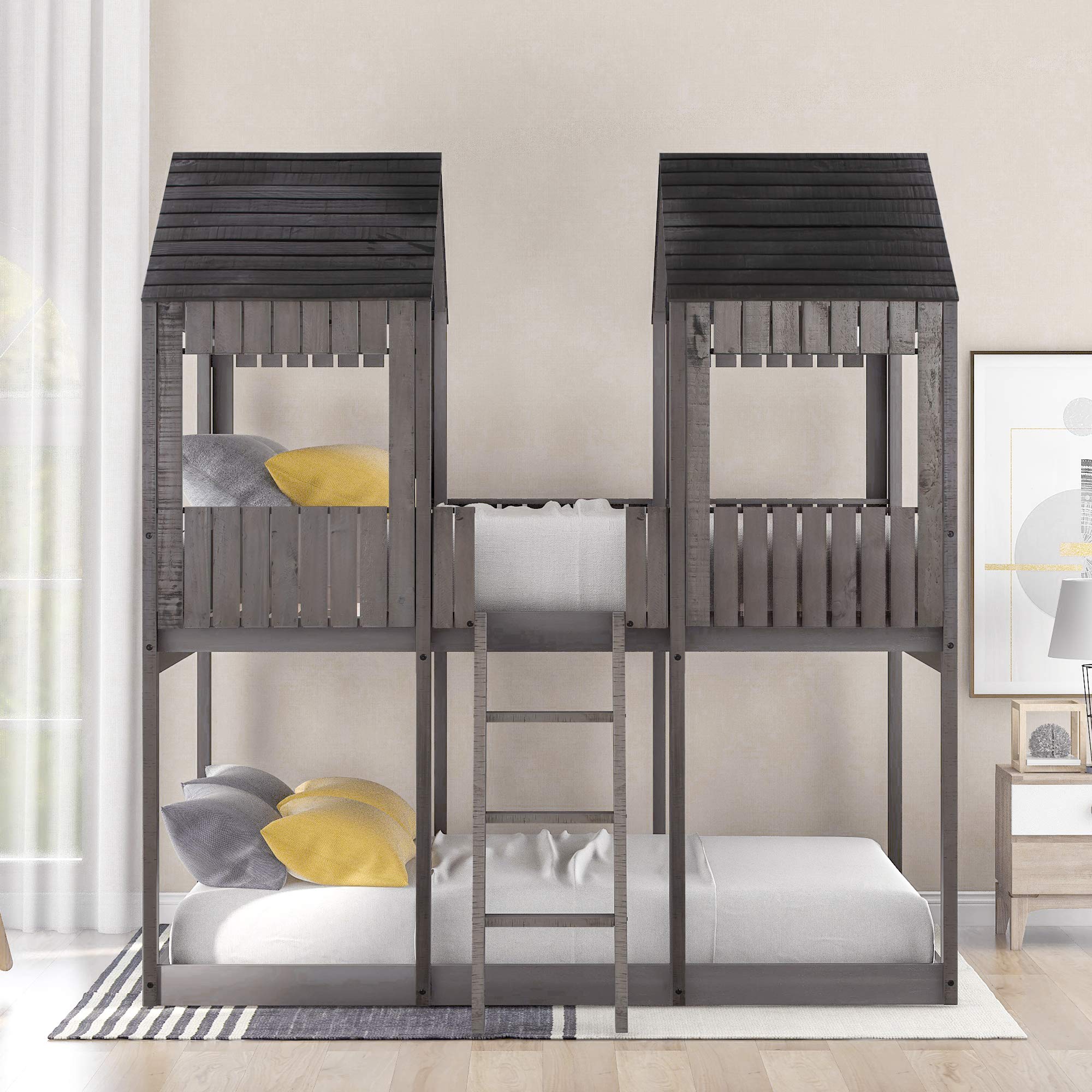 HABUHOME Full Over Full House Bunk Bed with Roof, Wood House Bunk Bed with Window, Guardrail, Ladder for Kids, Teens, Girls, Boys,Gray