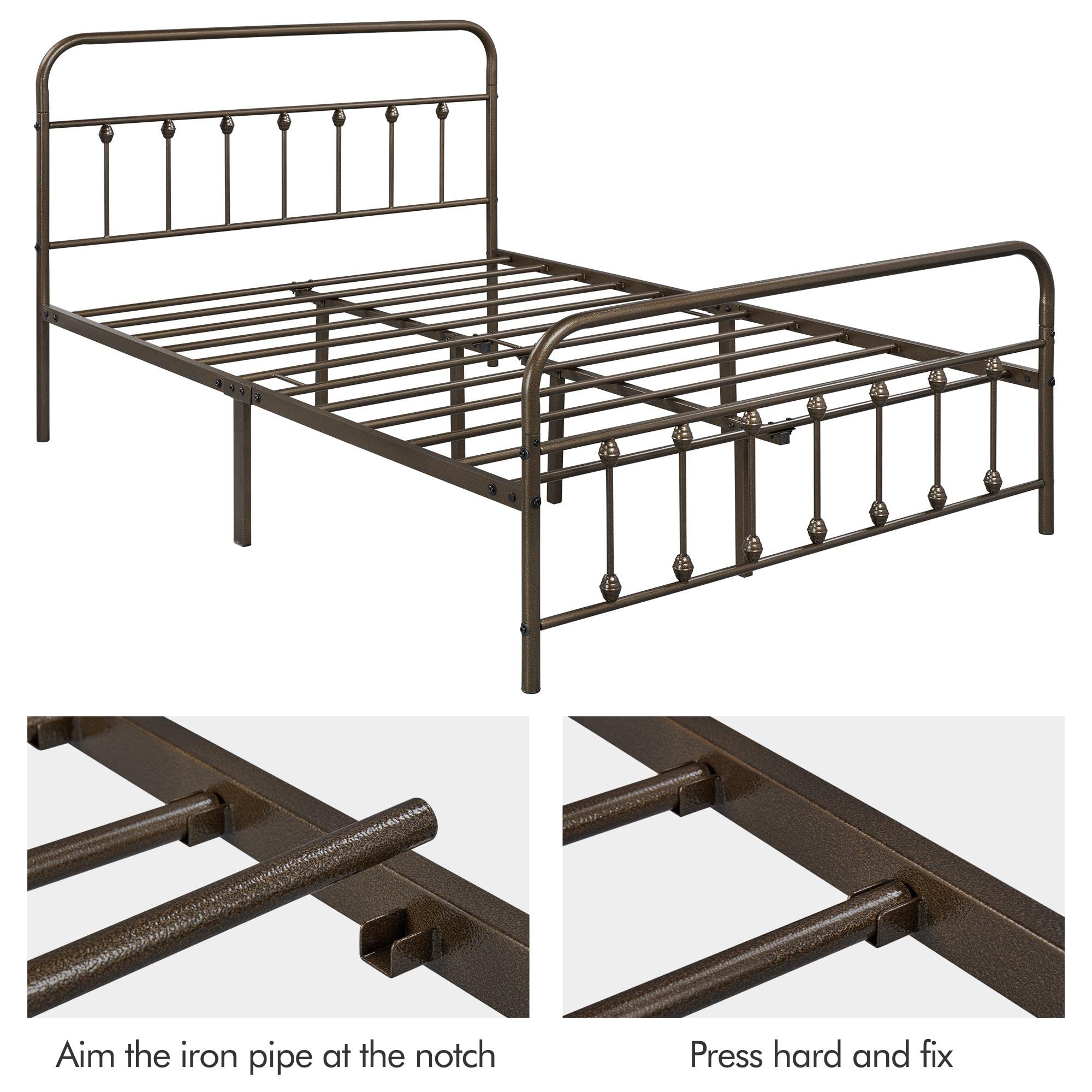 Topeakmart Queen Size Victorian Style Metal Bed Frame with Headboard/Mattress Foundation/No Box Spring Needed/Under Bed Storage/Strong Slat Support Bronze