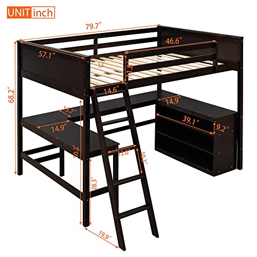 BOVZA Full Size Loft Bed with Desk and Shelves, Wooden Full Loft Bed Frame with Safety Guardrails for Kids Teens Adults, Espresso
