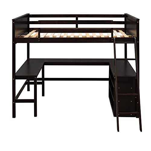 BOVZA Full Size Loft Bed with Desk and Shelves, Wooden Full Loft Bed Frame with Safety Guardrails for Kids Teens Adults, Espresso