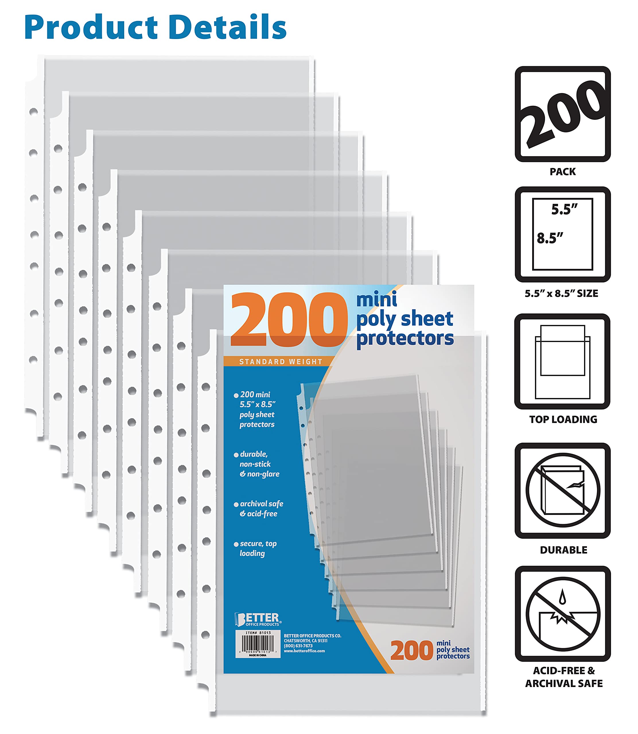 200 Count Mini Poly Sheet Protectors, Standard Weight, Diamond Clear, by Better Office Products, 5.5" x 8.5", 200 Pack
