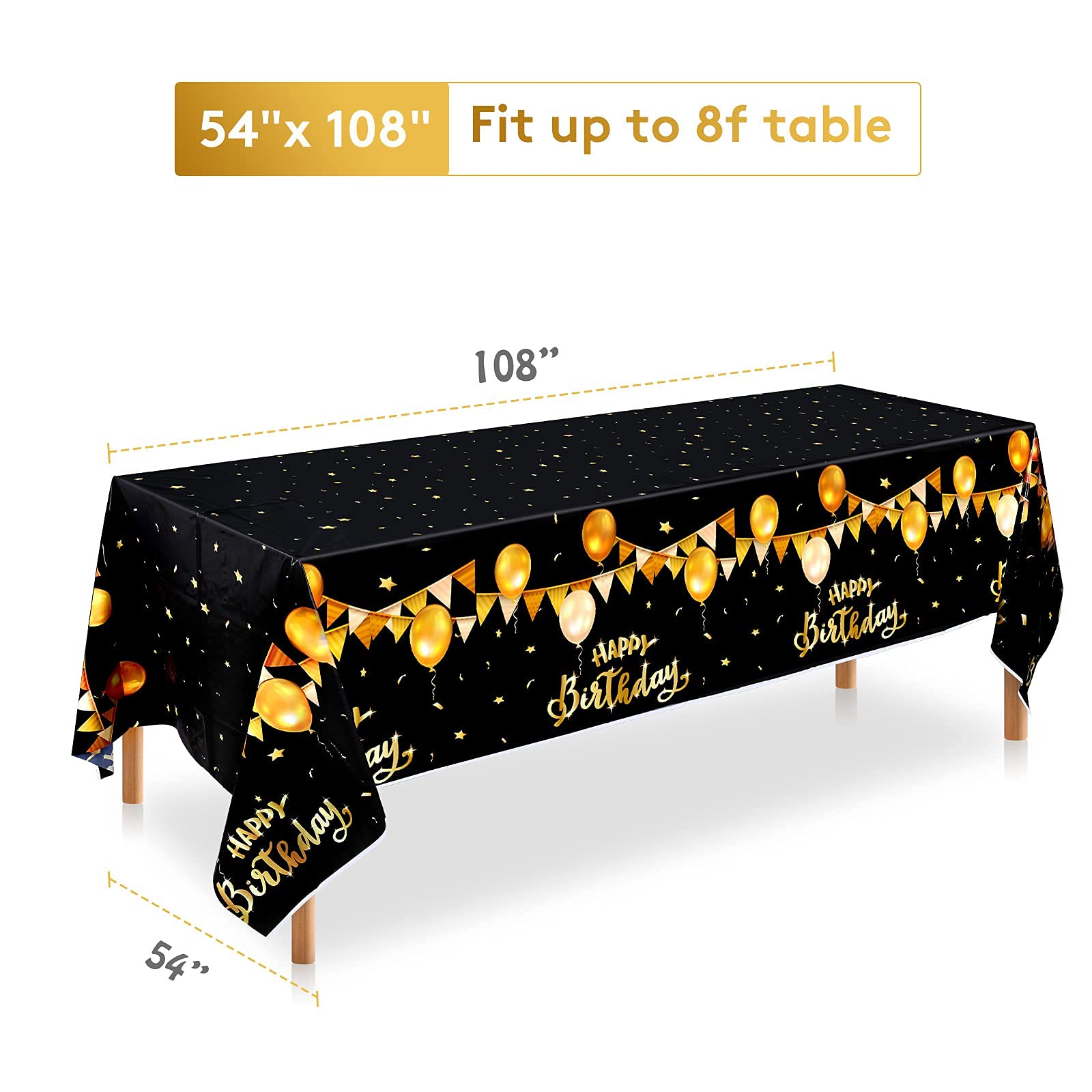 FZR Legend Happy Birthday Tablecloth, Plastic Tablecloth with Gold Stars Plastic Table Cover Disposable Black Tablecloth for 90th 80th 70th 60th 50th 40th 30th Birthday Party Decoration - 54" x 108"
