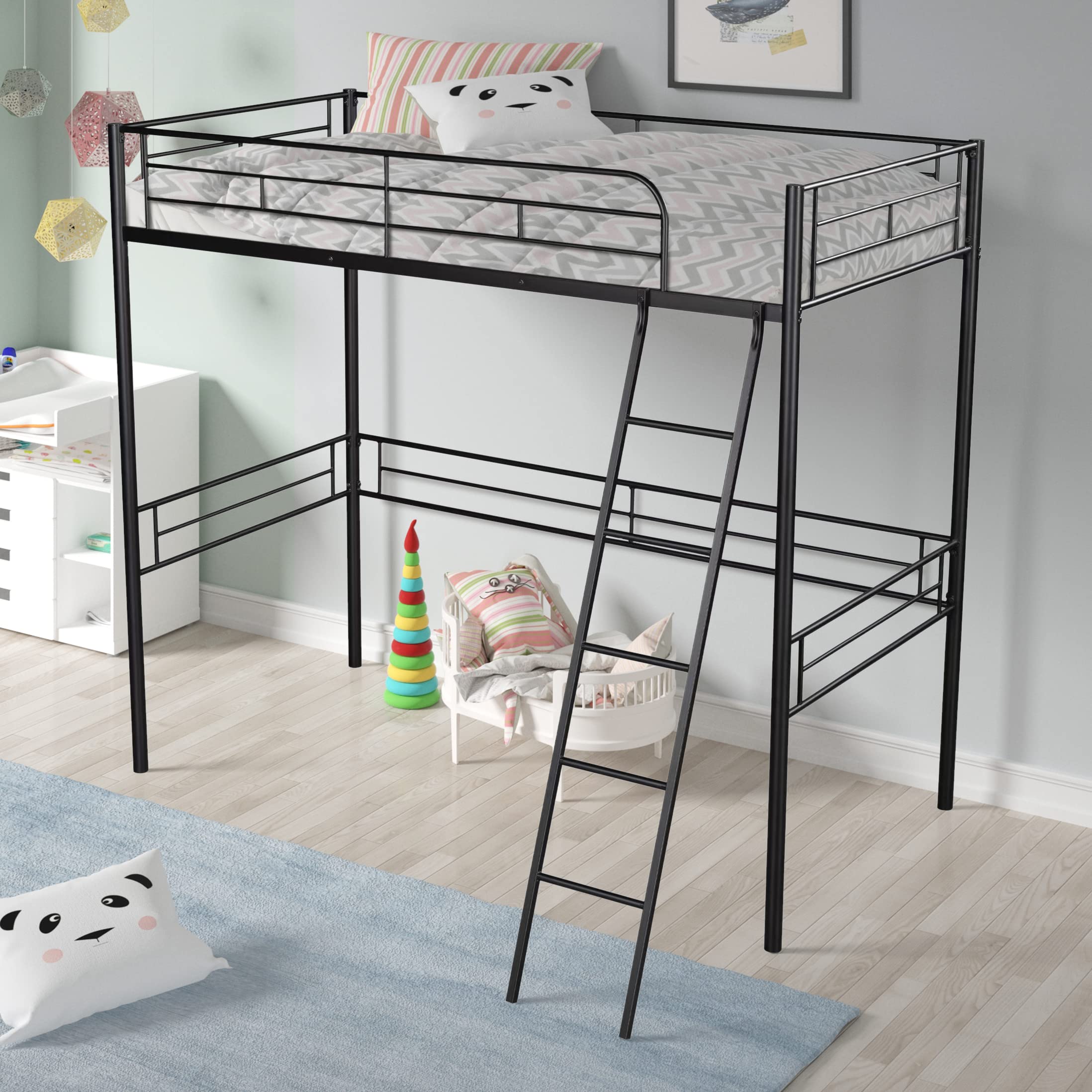 Lifeand Sturdy Twin Size Metal Loft Bed with Built-in Ladder and Guardrails for Space-Saving Solution in Kids' and Teens' Rooms,Black