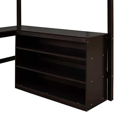 BOVZA Full Size Loft Bed with Desk and Shelves, Wooden Full Loft Bed Frame with Safety Guardrails for Kids Teens Adults, Espresso