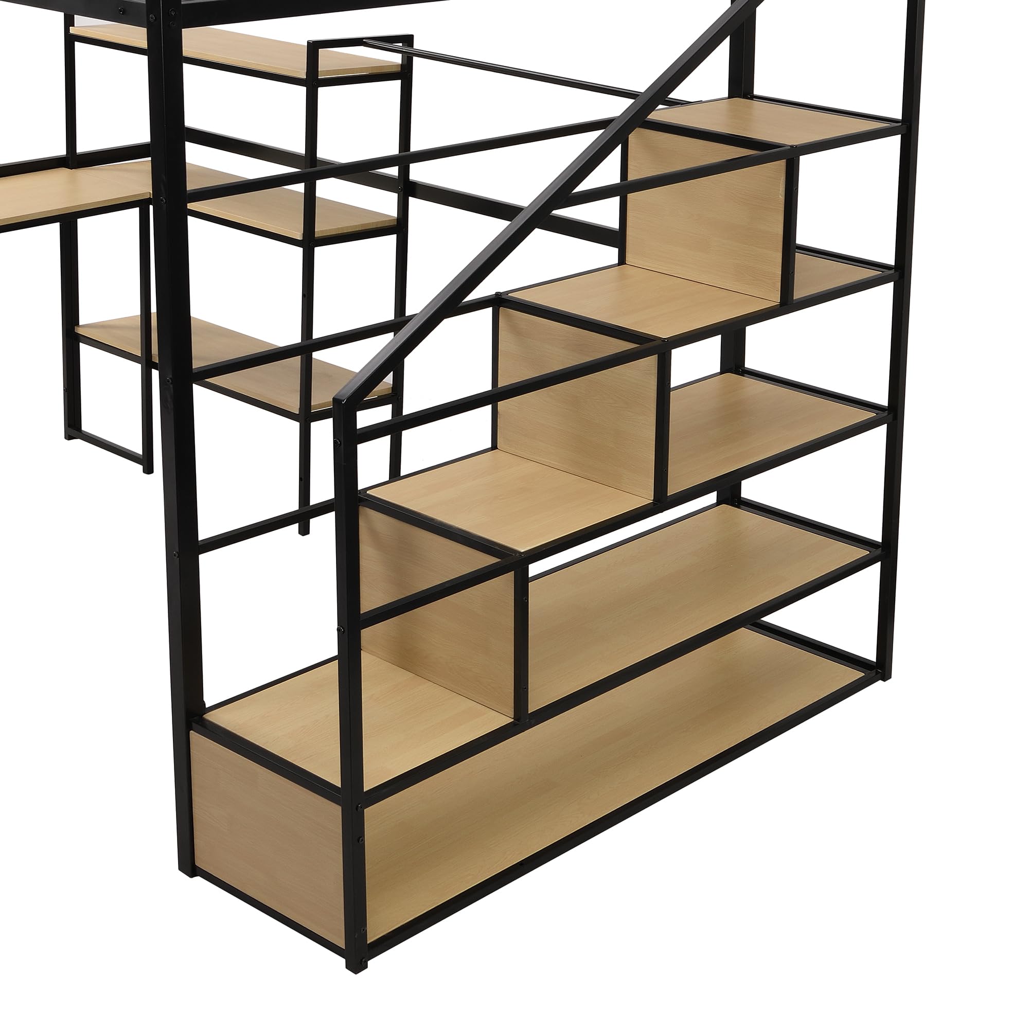 MiHunnor Metal Full Size Loft Bed with Built-in Desk, Multi-Functional Loft Bed with Storage Shelf and Storage Staircase, Space-Saving Design Loft Bed for Bedroom