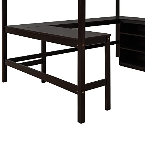 BOVZA Full Size Loft Bed with Desk and Shelves, Wooden Full Loft Bed Frame with Safety Guardrails for Kids Teens Adults, Espresso