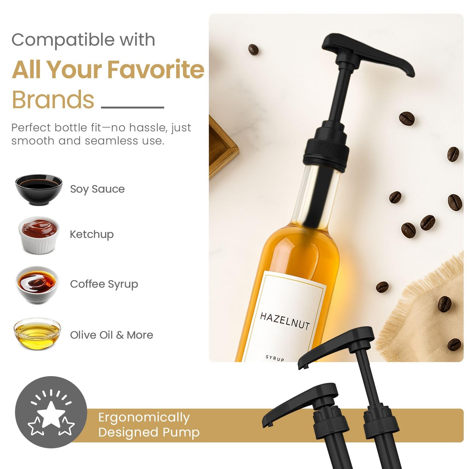 Black Coffee Syrup Pump (Fits Torani, DaVinci, Starbucks, Top Creamery, Allegro Syrups) Great for adding syrup to Coffee,Tea, Soda, and cocktails, - Fits 25.4 oz/750ml bottles - Pack of 4