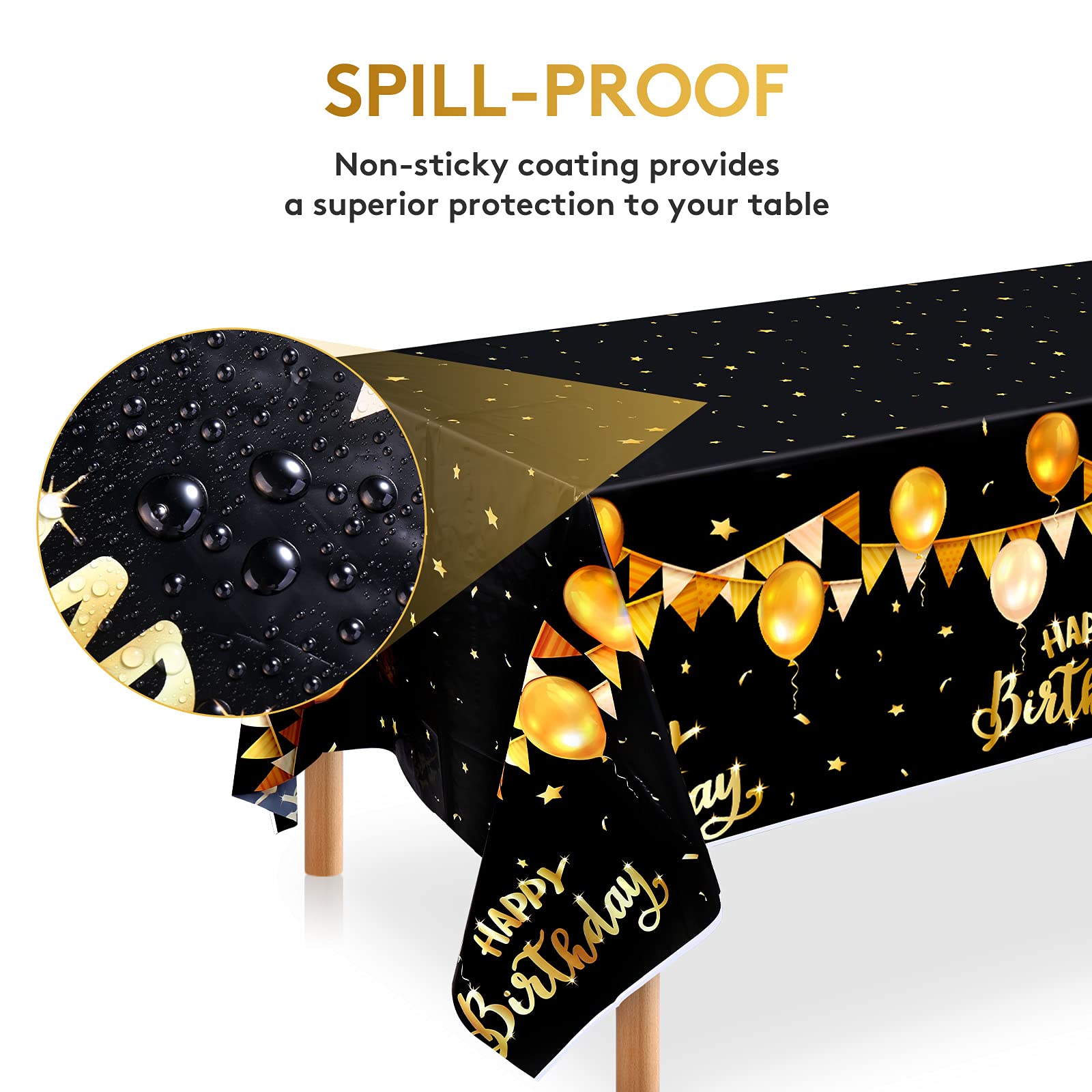 FZR Legend Happy Birthday Tablecloth, Plastic Tablecloth with Gold Stars Plastic Table Cover Disposable Black Tablecloth for 90th 80th 70th 60th 50th 40th 30th Birthday Party Decoration - 54" x 108"