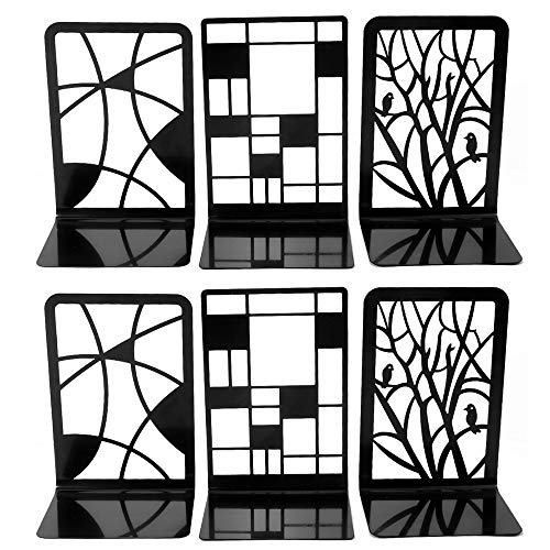 Book Ends, Bookends, Book Ends for Shelves, 3Pair Non Skid Metal Bookend for Heavy Books, Book Divider Decorative Holder, Abstract Art Design Book Stopper Supports for Office, Home