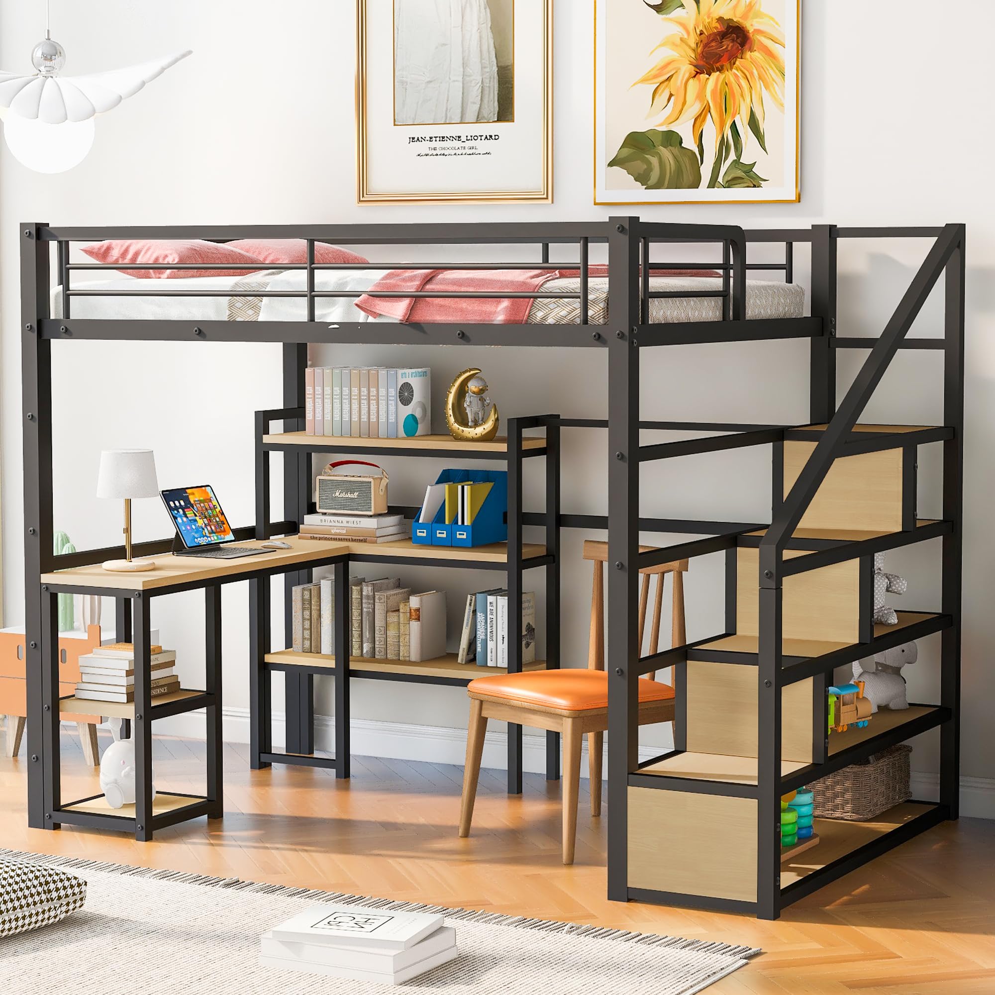 MiHunnor Metal Full Size Loft Bed with Built-in Desk, Multi-Functional Loft Bed with Storage Shelf and Storage Staircase, Space-Saving Design Loft Bed for Bedroom
