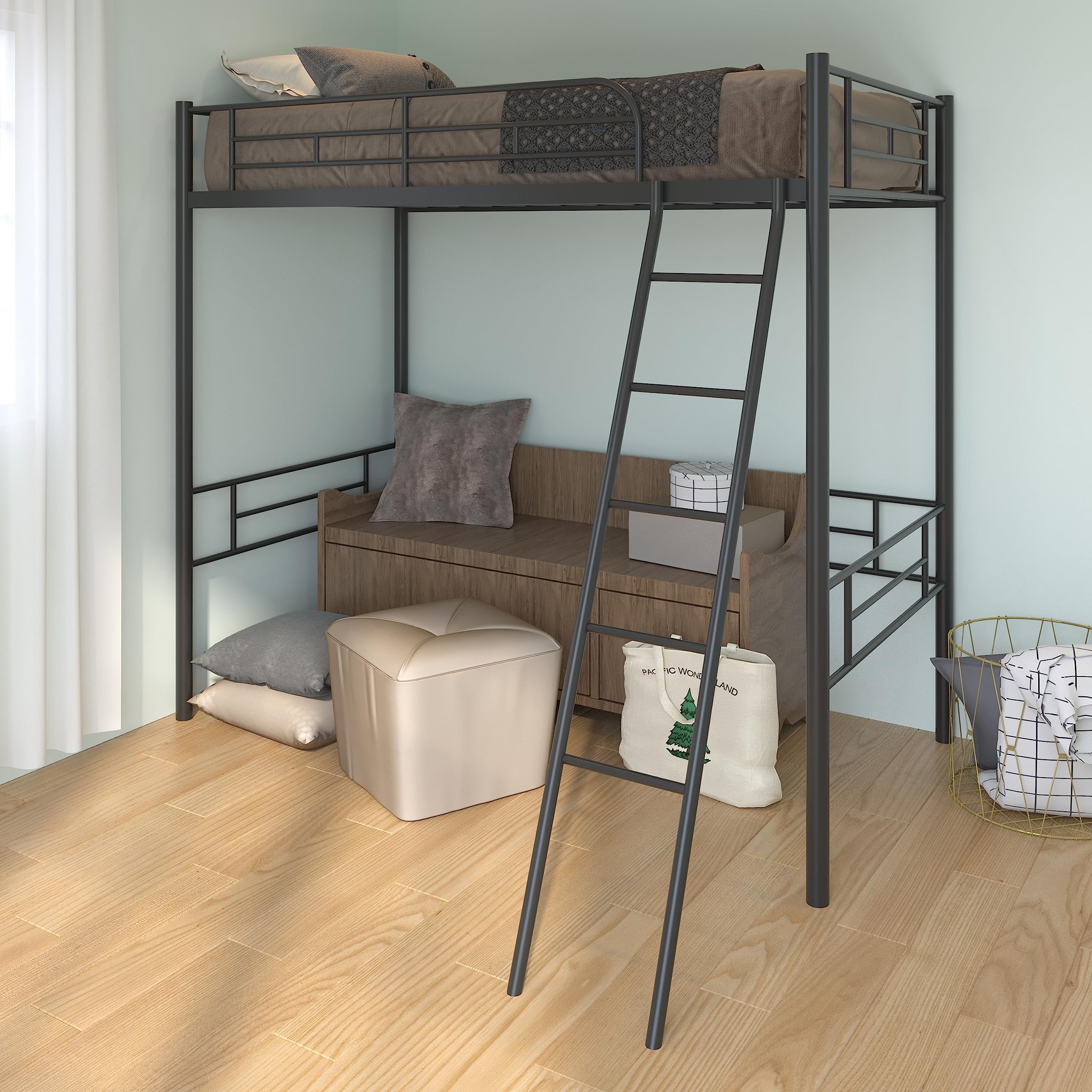 Lifeand Sturdy Twin Size Metal Loft Bed with Built-in Ladder and Guardrails for Space-Saving Solution in Kids' and Teens' Rooms,Black