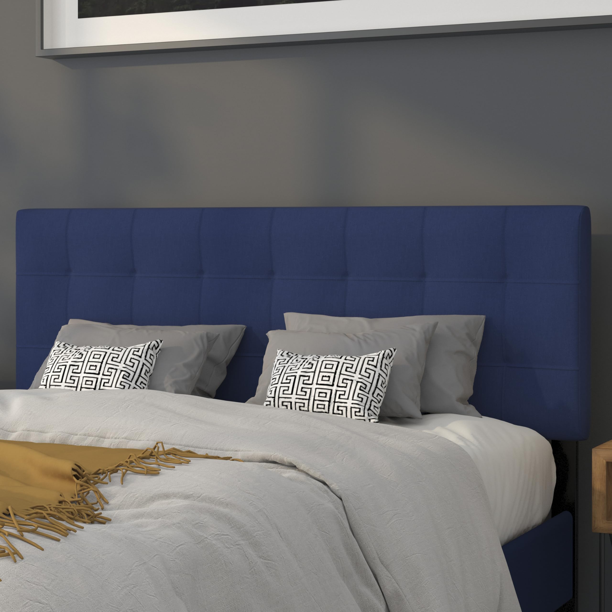 EMMA + OLIVER Quilted Tufted Upholstered Queen Size Headboard in Navy Fabric