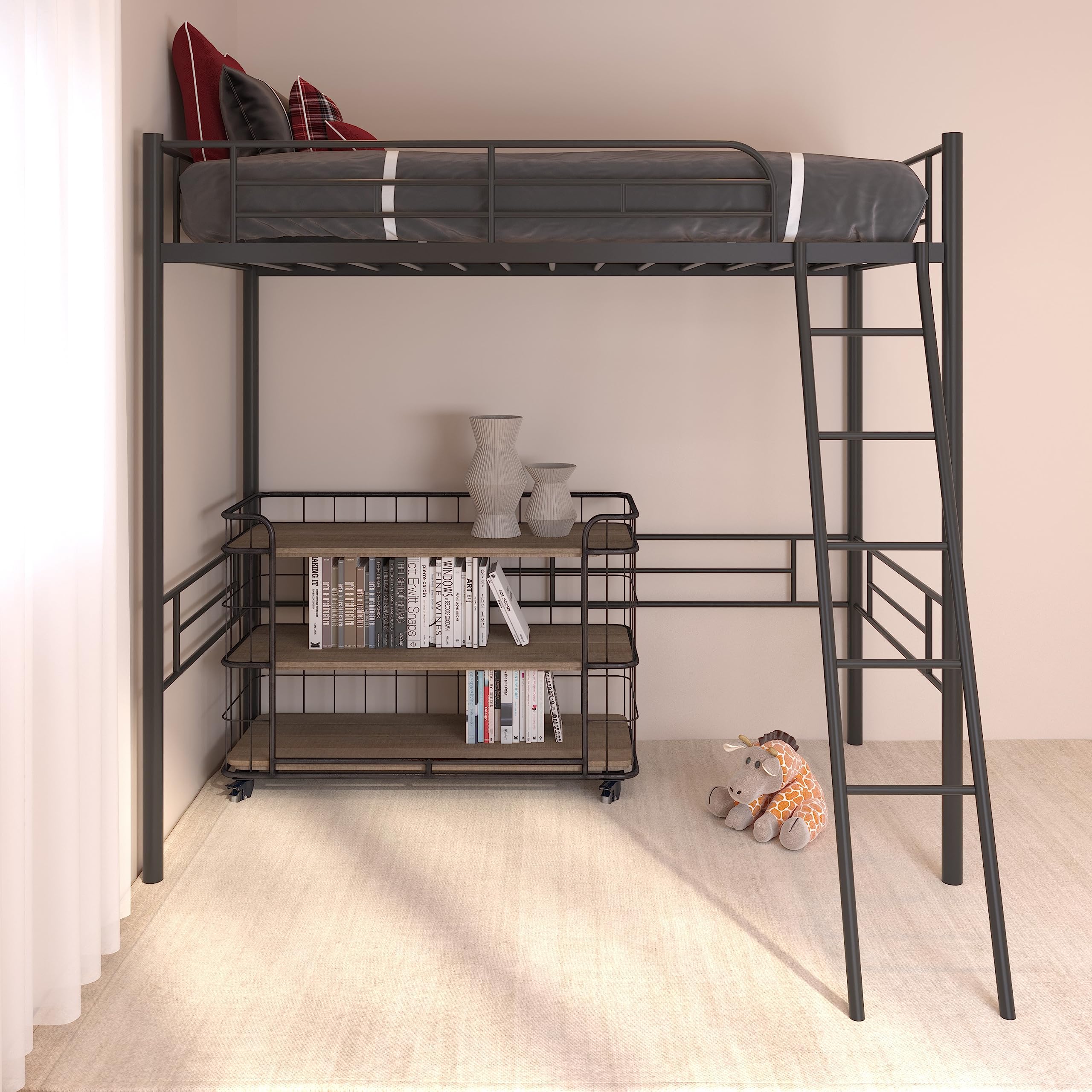 Lifeand Sturdy Twin Size Metal Loft Bed with Built-in Ladder and Guardrails for Space-Saving Solution in Kids' and Teens' Rooms,Black