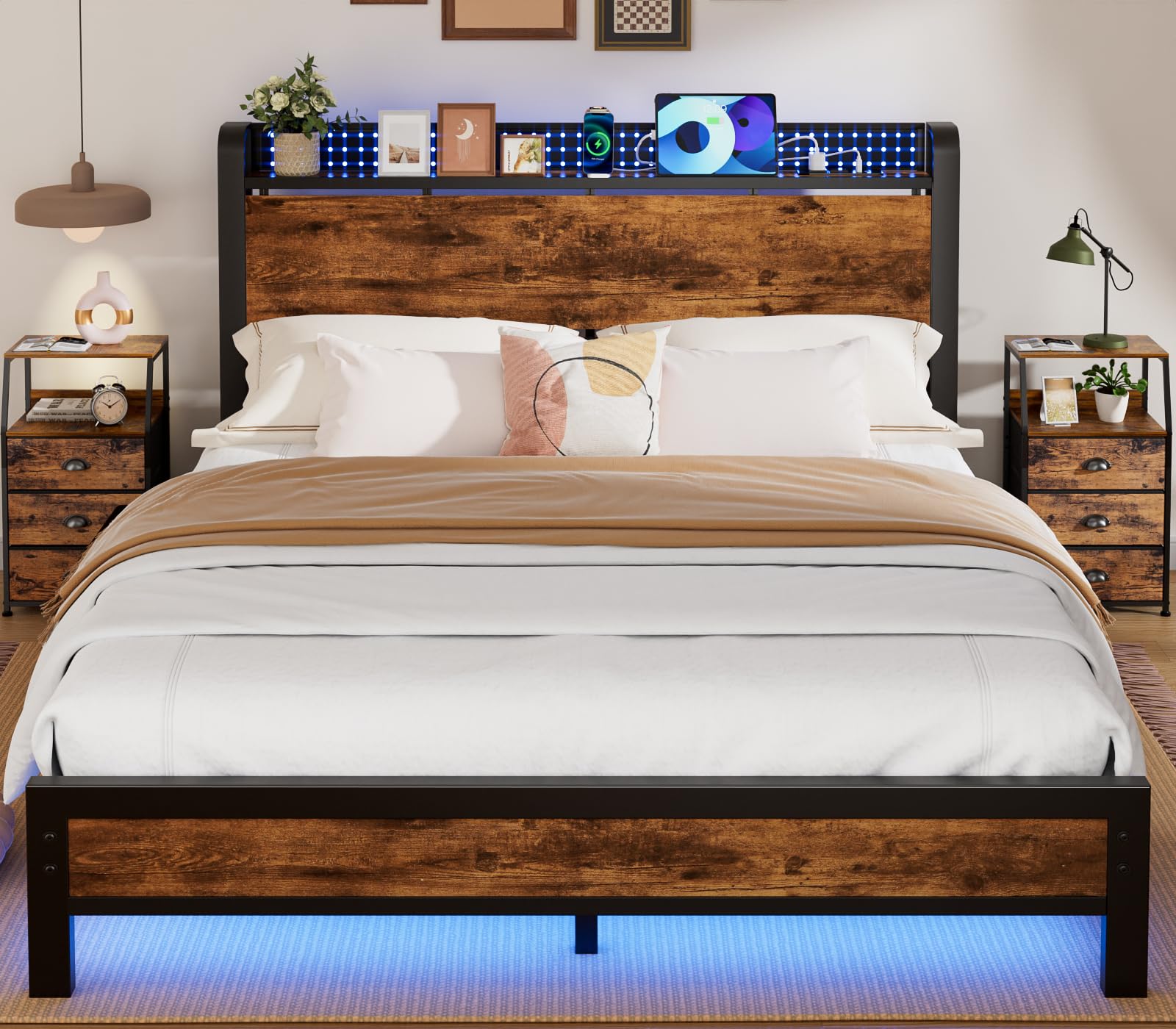 Furnulem Bed Frame Queen Size with Light,Industrial Storage Headboard with Power Outlet and USB Port,Wood Platform Queen Bed with Strong Metal Support,No Box Spring Needed,Silent