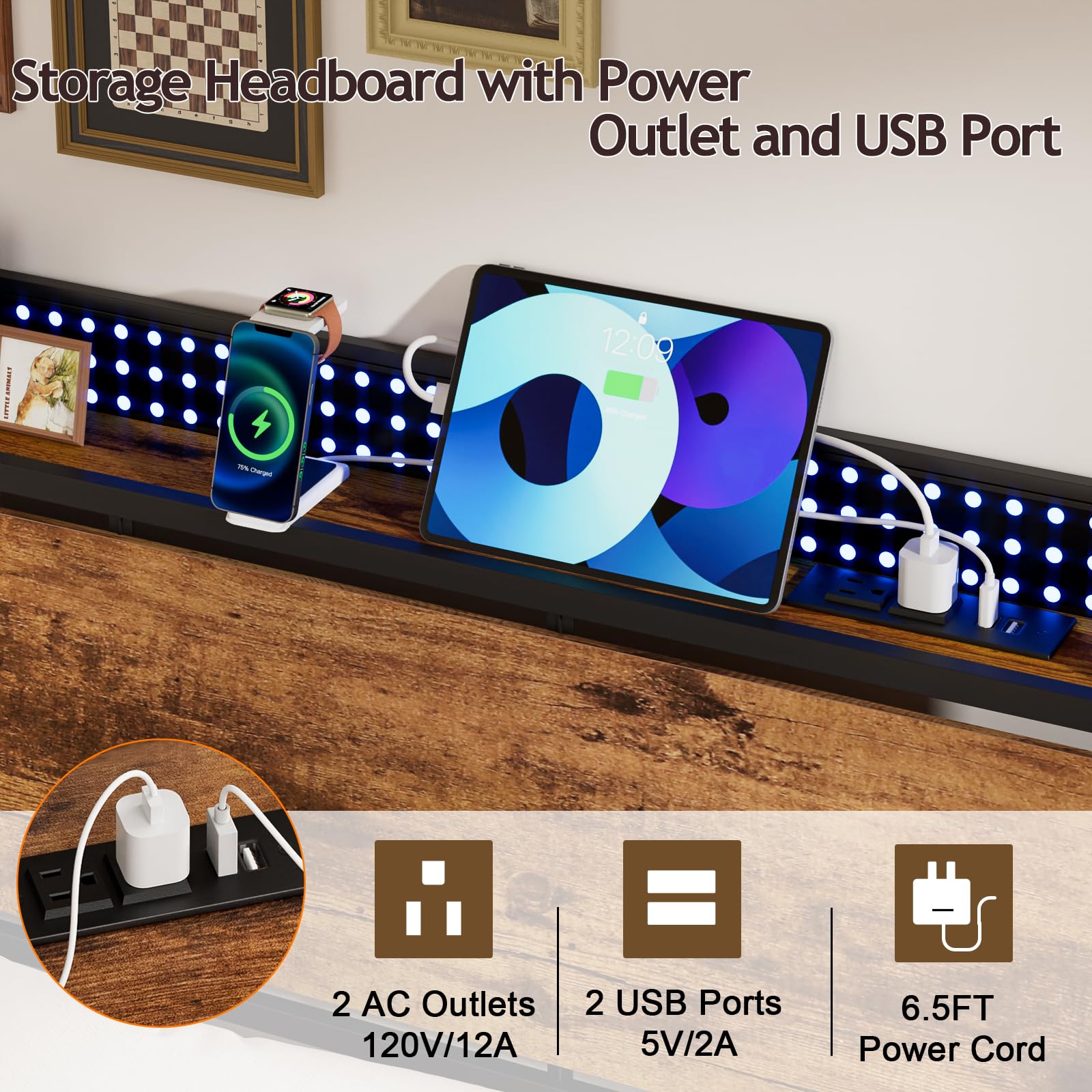 Furnulem Bed Frame Queen Size with Light,Industrial Storage Headboard with Power Outlet and USB Port,Wood Platform Queen Bed with Strong Metal Support,No Box Spring Needed,Silent