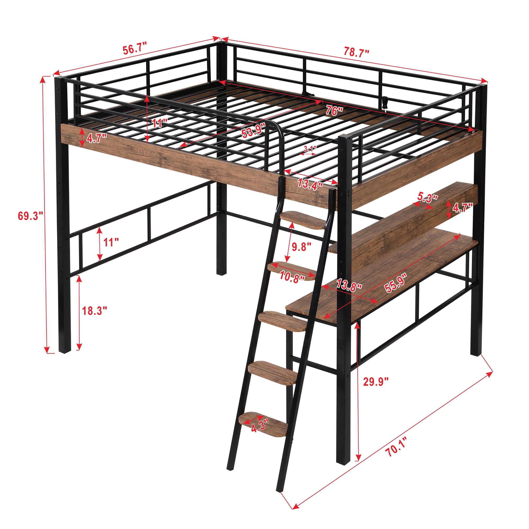 PRNDOLE Full Size Metal Loft Bed with Built-in Desk,Storage Shelf and Ladder for Adults Kids Teens,Black
