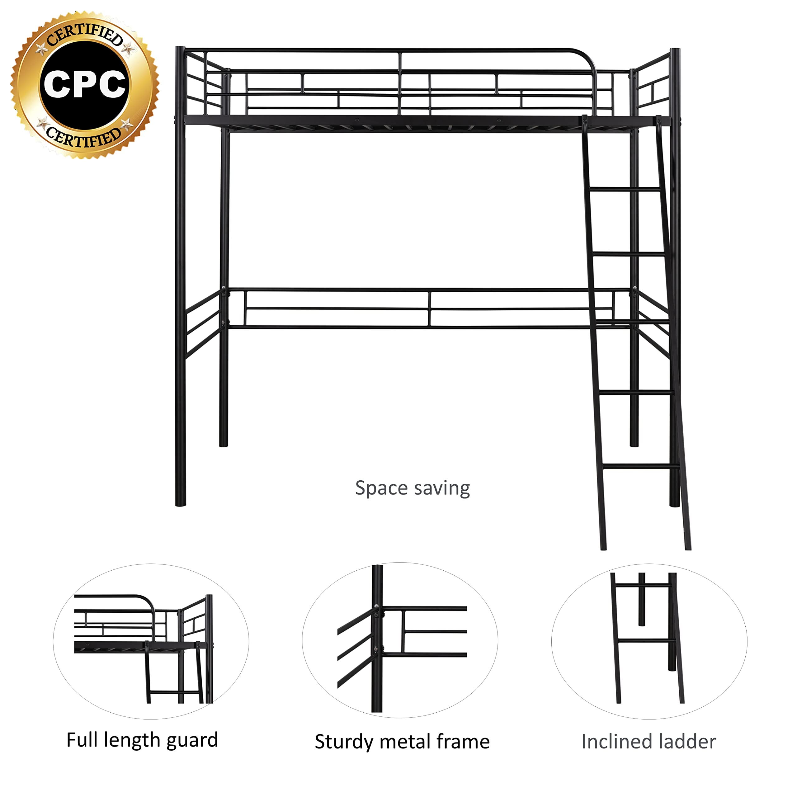 Lifeand Sturdy Twin Size Metal Loft Bed with Built-in Ladder and Guardrails for Space-Saving Solution in Kids' and Teens' Rooms,Black