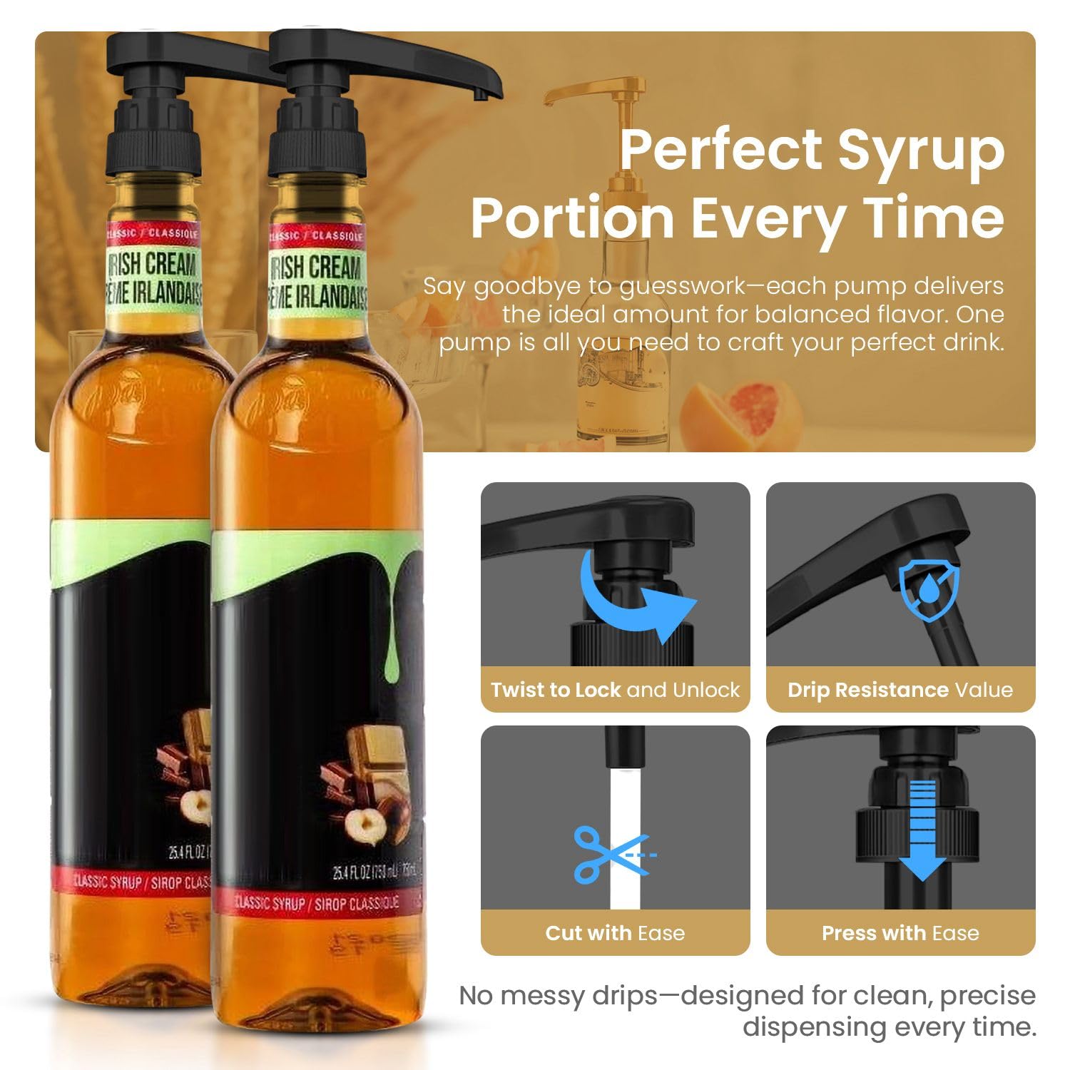 Black Coffee Syrup Pump (Fits Torani, DaVinci, Starbucks, Top Creamery, Allegro Syrups) Great for adding syrup to Coffee,Tea, Soda, and cocktails, - Fits 25.4 oz/750ml bottles - Pack of 4
