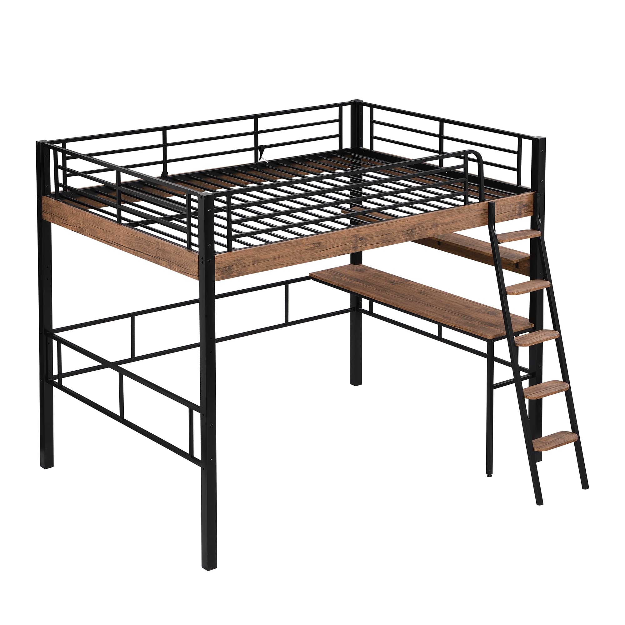 PRNDOLE Full Size Metal Loft Bed with Built-in Desk,Storage Shelf and Ladder for Adults Kids Teens,Black