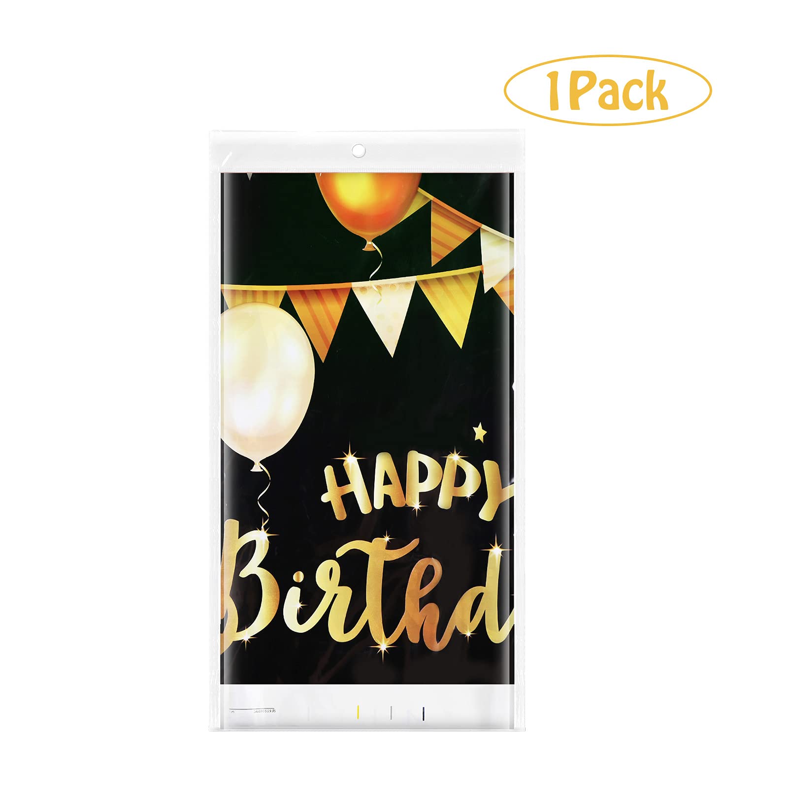 FZR Legend Happy Birthday Tablecloth, Plastic Tablecloth with Gold Stars Plastic Table Cover Disposable Black Tablecloth for 90th 80th 70th 60th 50th 40th 30th Birthday Party Decoration - 54" x 108"