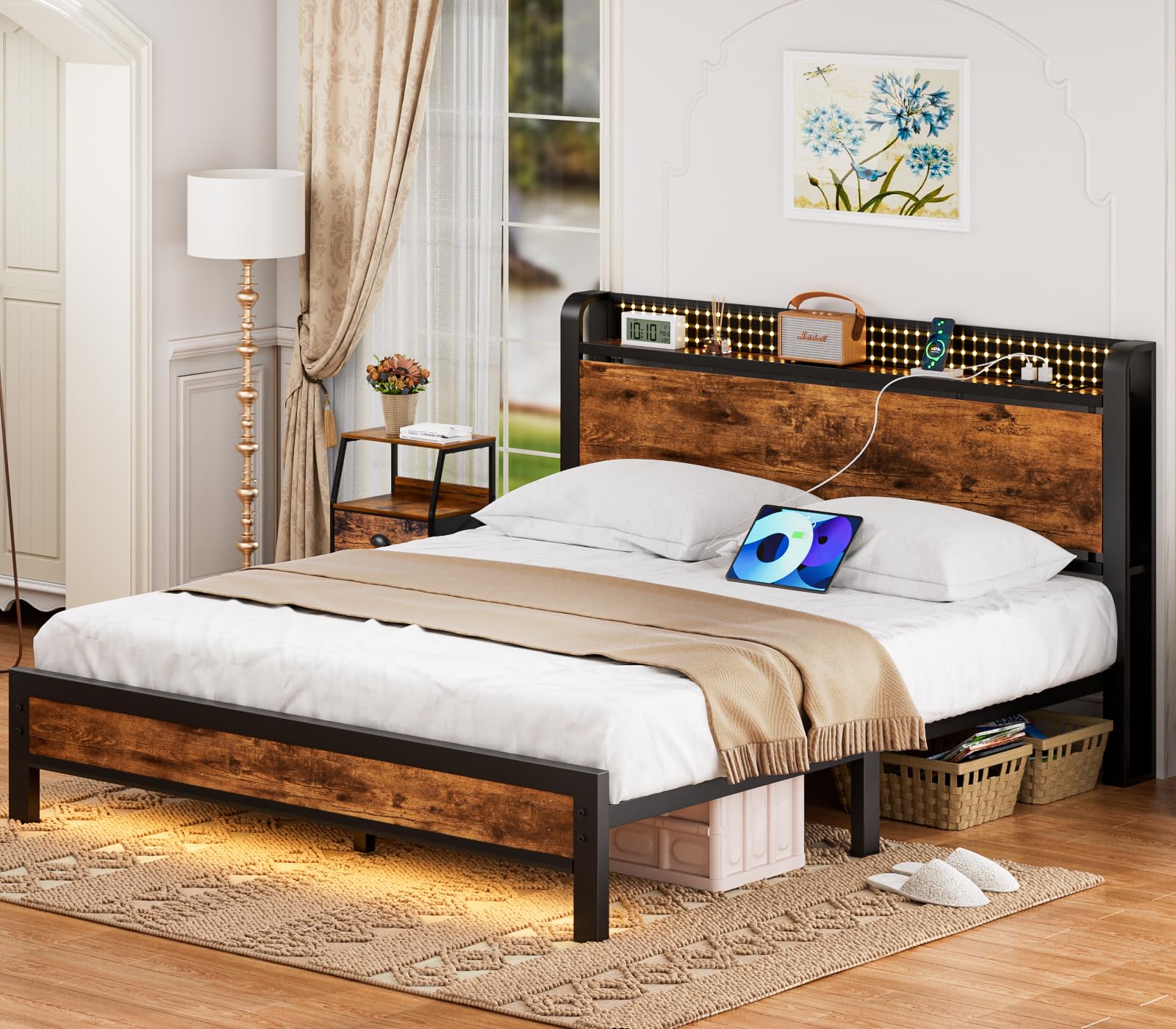Furnulem Bed Frame Queen Size with Light,Industrial Storage Headboard with Power Outlet and USB Port,Wood Platform Queen Bed with Strong Metal Support,No Box Spring Needed,Silent