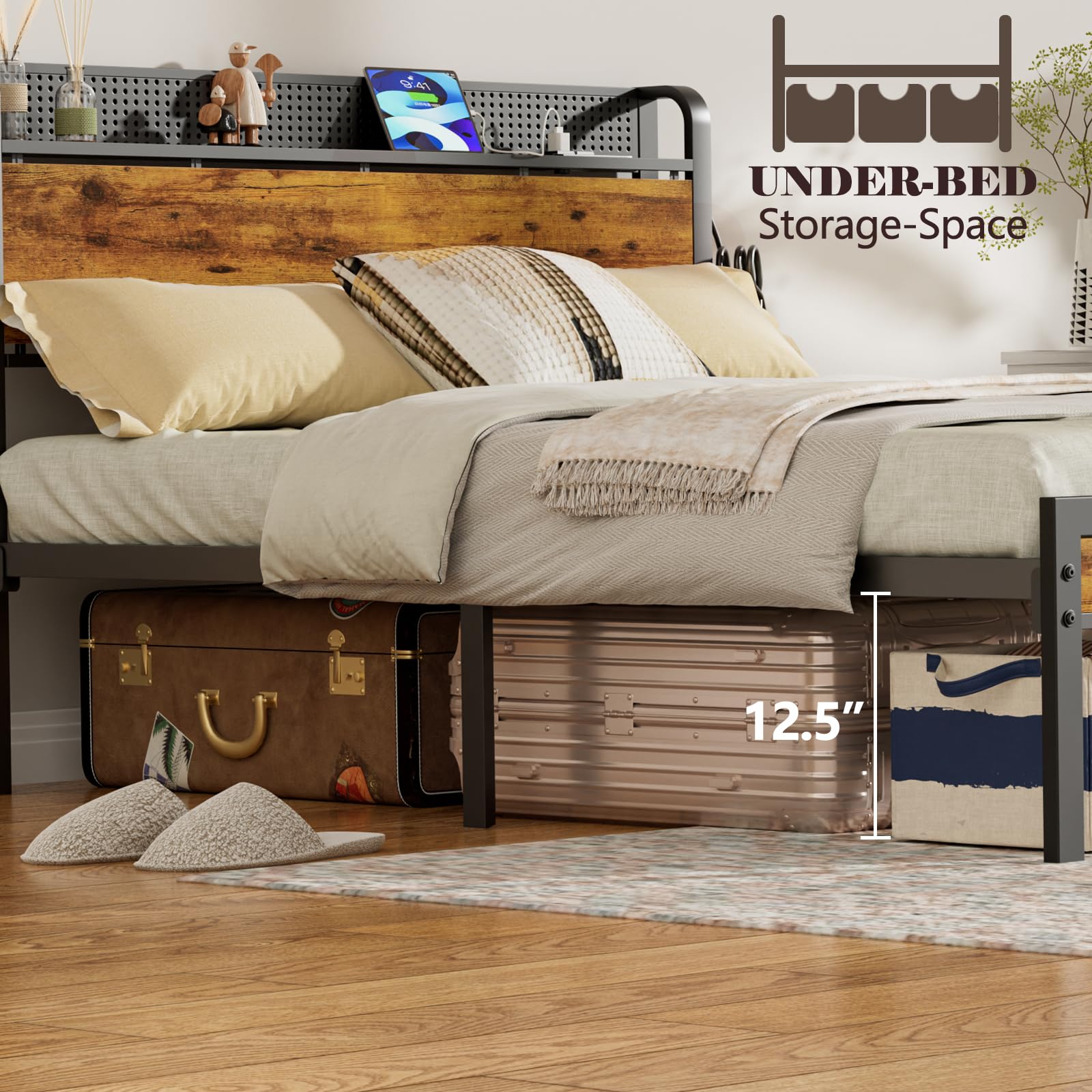 Furnulem Bed Frame Queen Size with Light,Industrial Storage Headboard with Power Outlet and USB Port,Wood Platform Queen Bed with Strong Metal Support,No Box Spring Needed,Silent