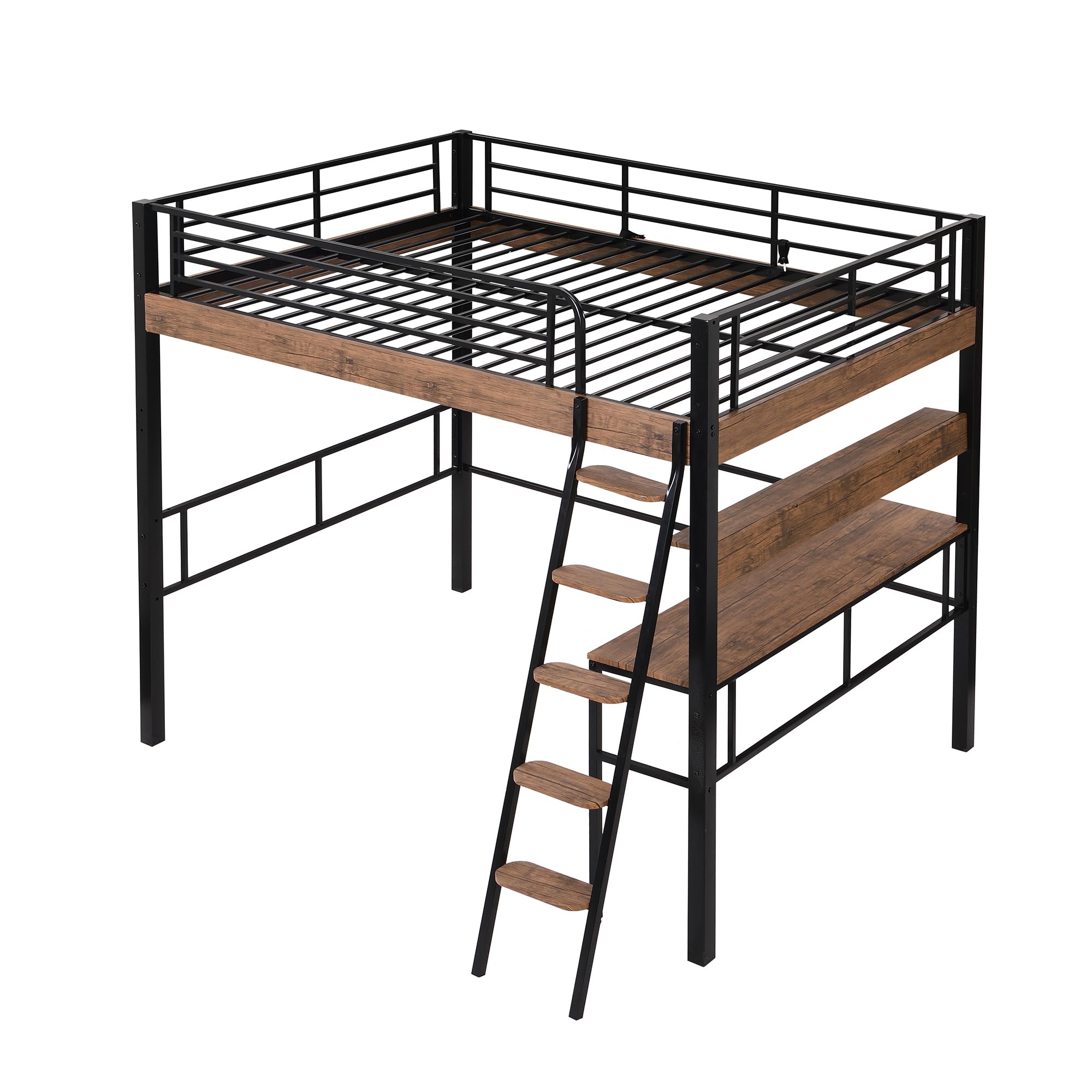 PRNDOLE Full Size Metal Loft Bed with Built-in Desk,Storage Shelf and Ladder for Adults Kids Teens,Black