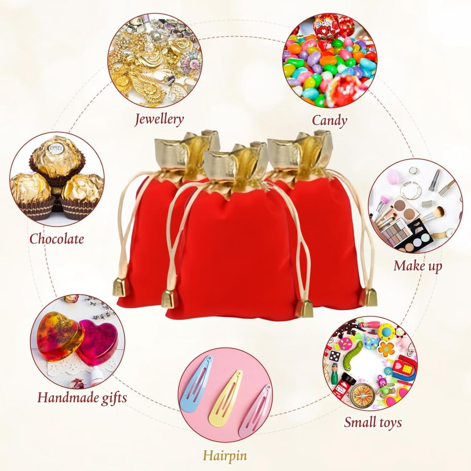 KIPETTO 25Pcs Soft Velvet Pouches with Drawstrings for Jewelry Wedding Candy Bags, 4.7"x6.3", Red