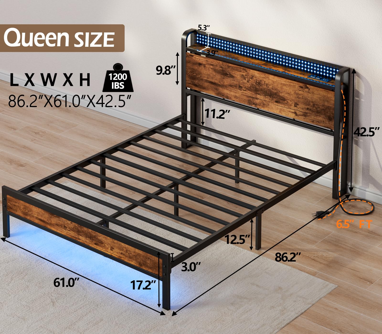 Furnulem Bed Frame Queen Size with Light,Industrial Storage Headboard with Power Outlet and USB Port,Wood Platform Queen Bed with Strong Metal Support,No Box Spring Needed,Silent