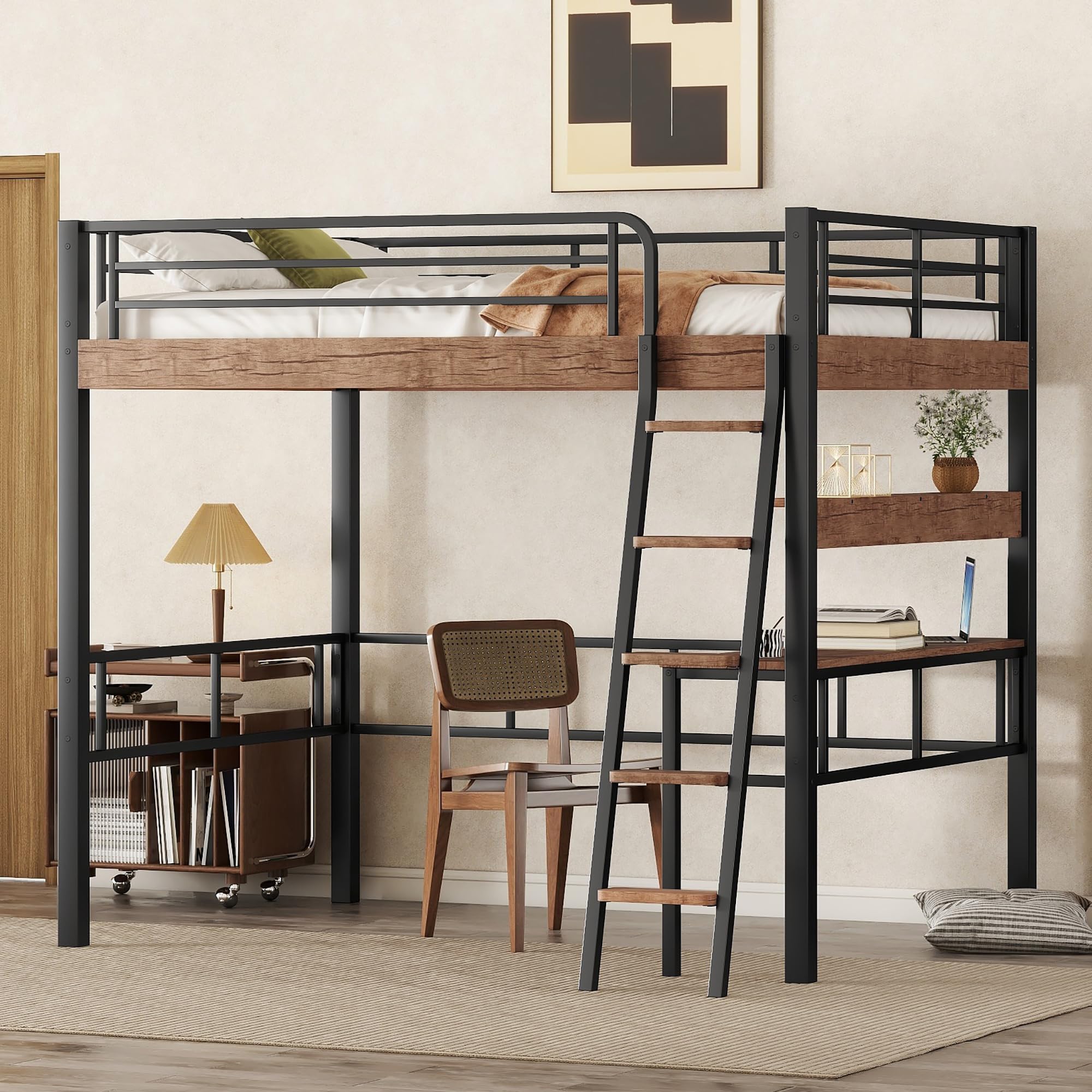 PRNDOLE Full Size Metal Loft Bed with Built-in Desk,Storage Shelf and Ladder for Adults Kids Teens,Black