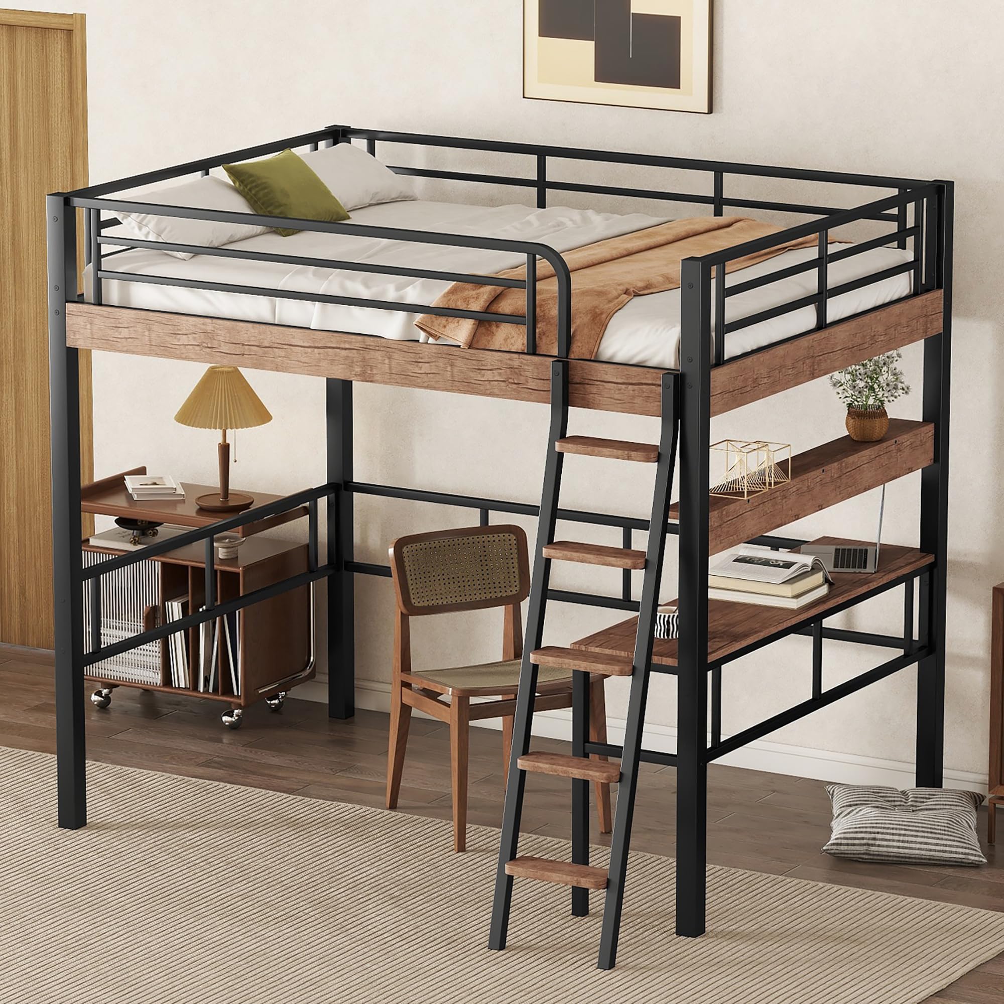 PRNDOLE Full Size Metal Loft Bed with Built-in Desk,Storage Shelf and Ladder for Adults Kids Teens,Black