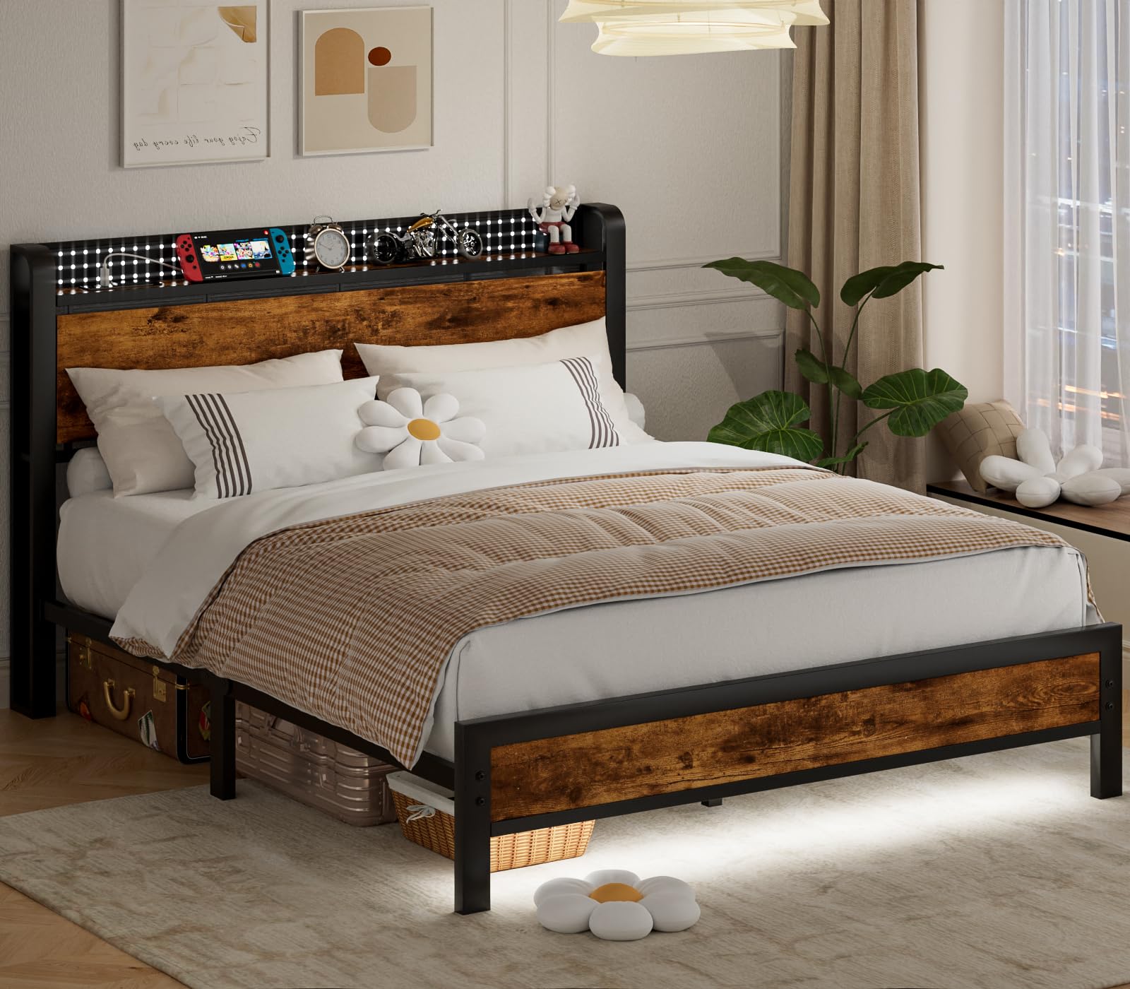 Furnulem Bed Frame Queen Size with Light,Industrial Storage Headboard with Power Outlet and USB Port,Wood Platform Queen Bed with Strong Metal Support,No Box Spring Needed,Silent