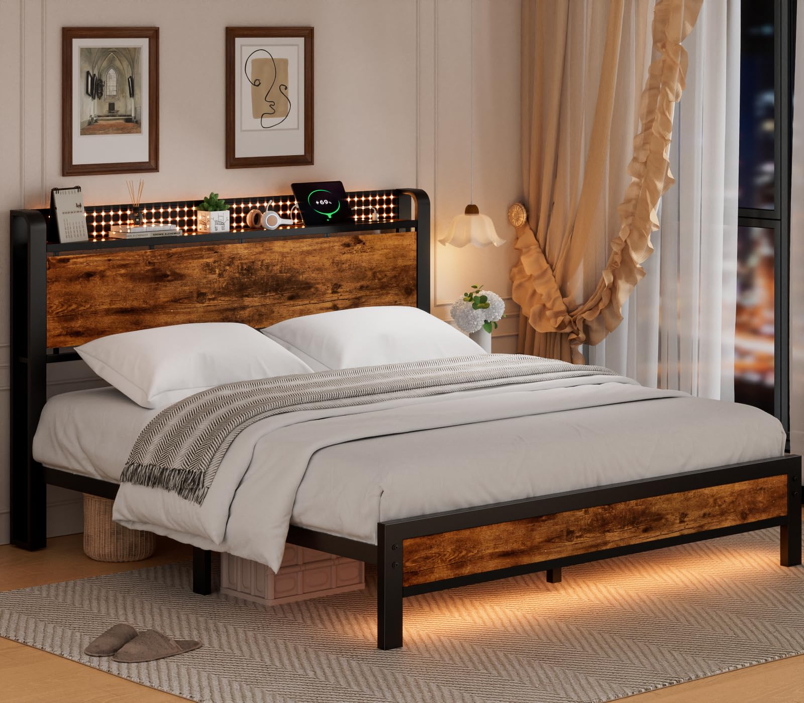 Furnulem Bed Frame Queen Size with Light,Industrial Storage Headboard with Power Outlet and USB Port,Wood Platform Queen Bed with Strong Metal Support,No Box Spring Needed,Silent