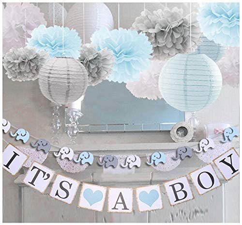 luckylibra Boy baby shower decorations, It is a Boy Banners Elephant Garland and Paper Lantern Paper Flower Pom Poms (Blue White Grey)