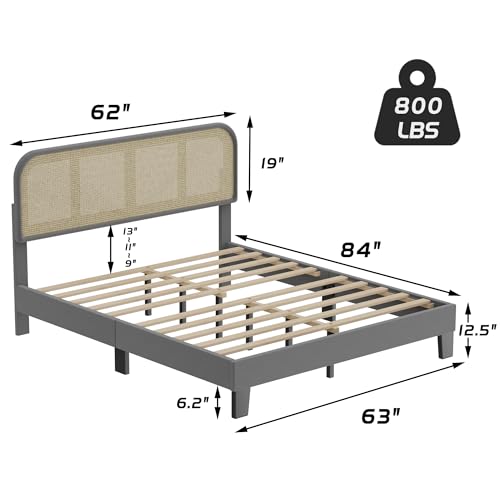 Lifezone Queen Bed Frame with Adjustable Rattan Headboard, Queen Size Bed Frame with Wood Slats Support, Safe Rounded Corner Design, Linen Fabric, High Feet, No Box Spring Needed, Light Grey