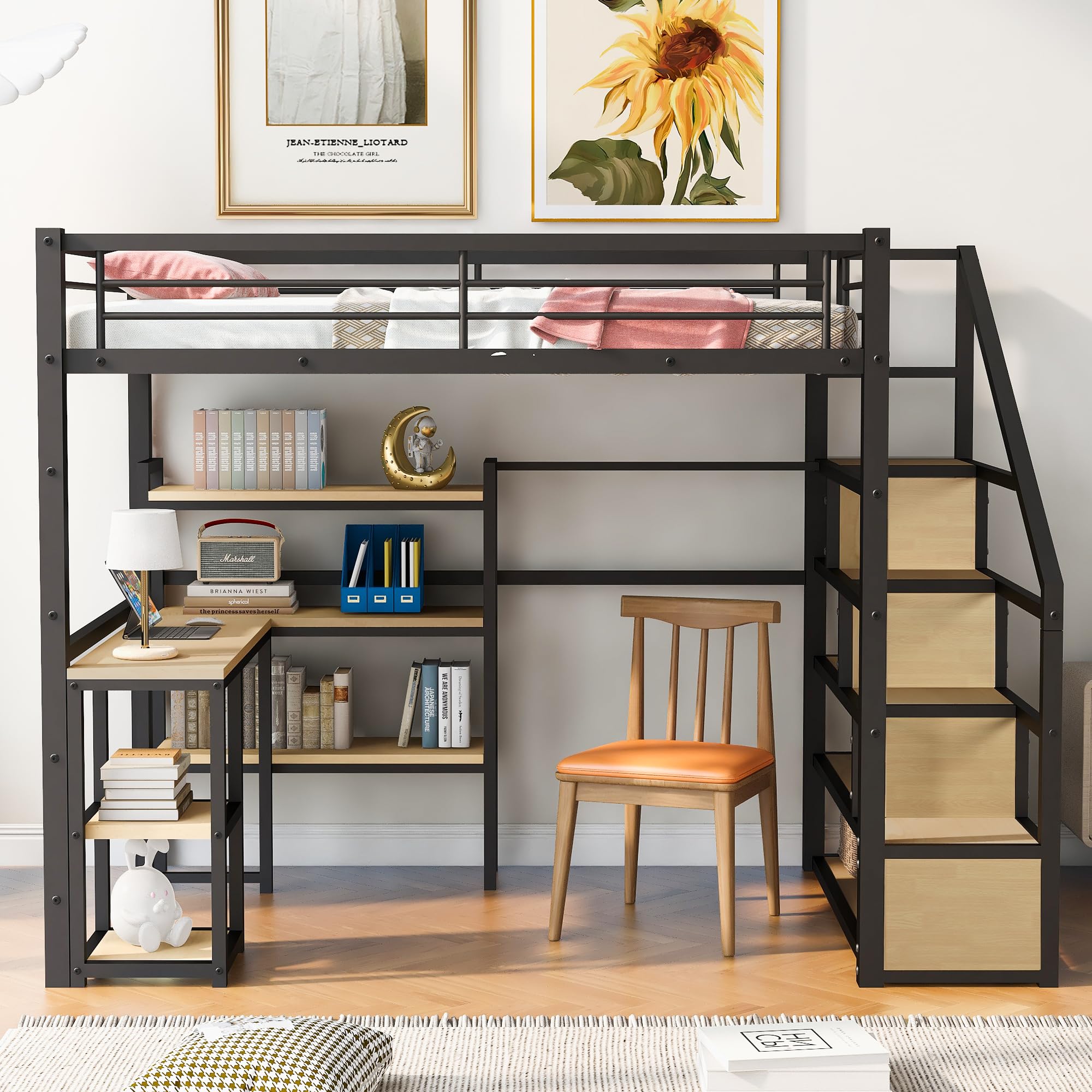 BIADNBZ Full Size Metal Loft Bed with Storage Stairs, Built-in Desk and 3-Tier Shelves, High Loftbed Frame, for Kids Teens Bedroom, Black