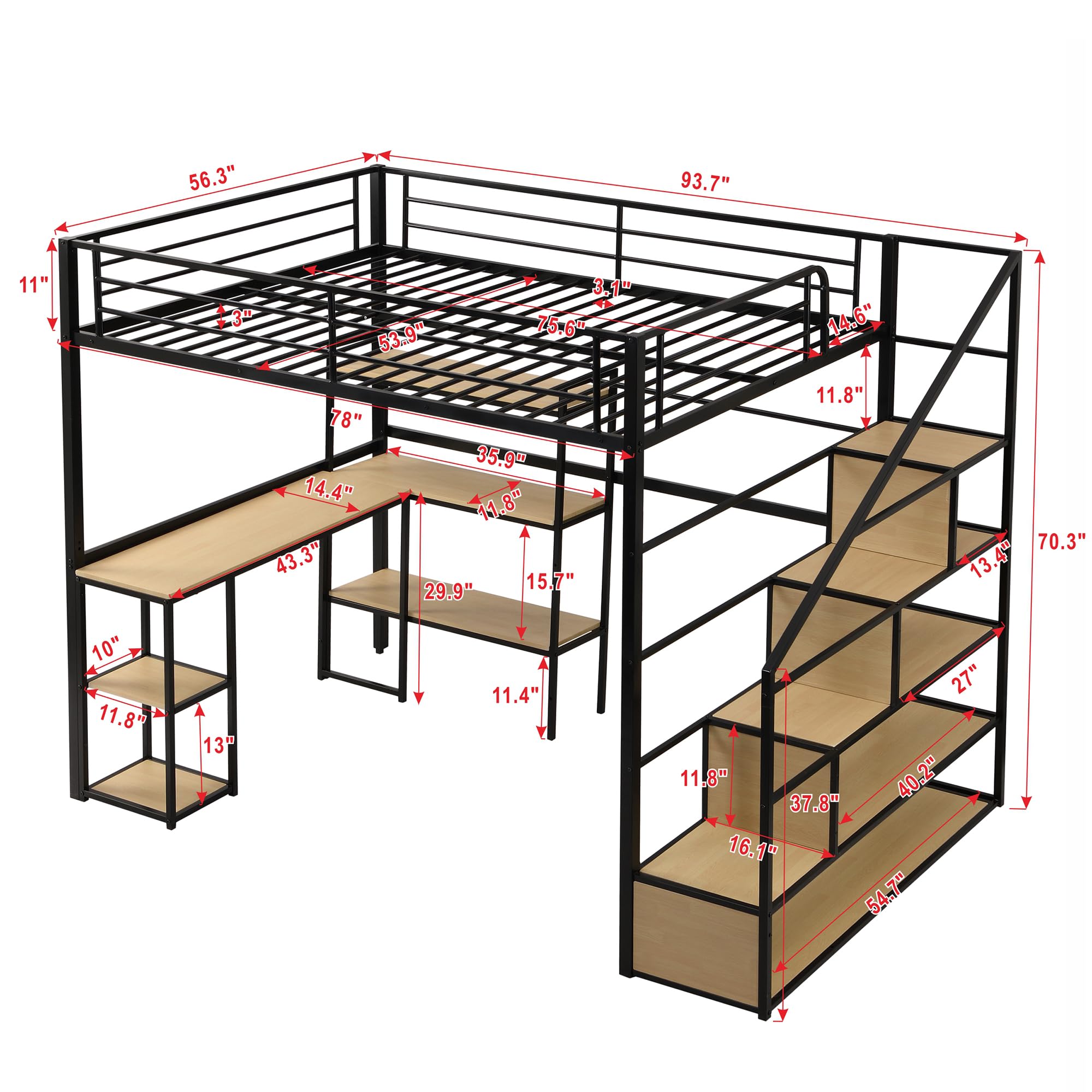 BIADNBZ Full Size Metal Loft Bed with Storage Stairs, Built-in Desk and 3-Tier Shelves, High Loftbed Frame, for Kids Teens Bedroom, Black
