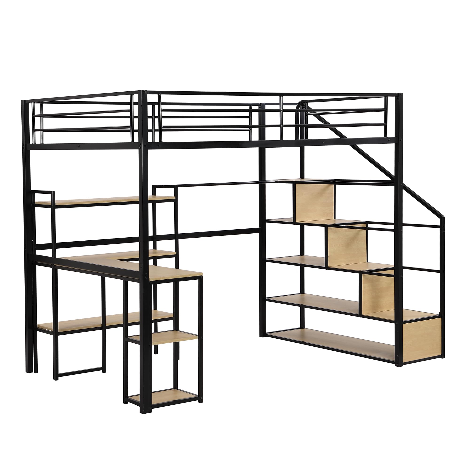 BIADNBZ Full Size Metal Loft Bed with Storage Stairs, Built-in Desk and 3-Tier Shelves, High Loftbed Frame, for Kids Teens Bedroom, Black