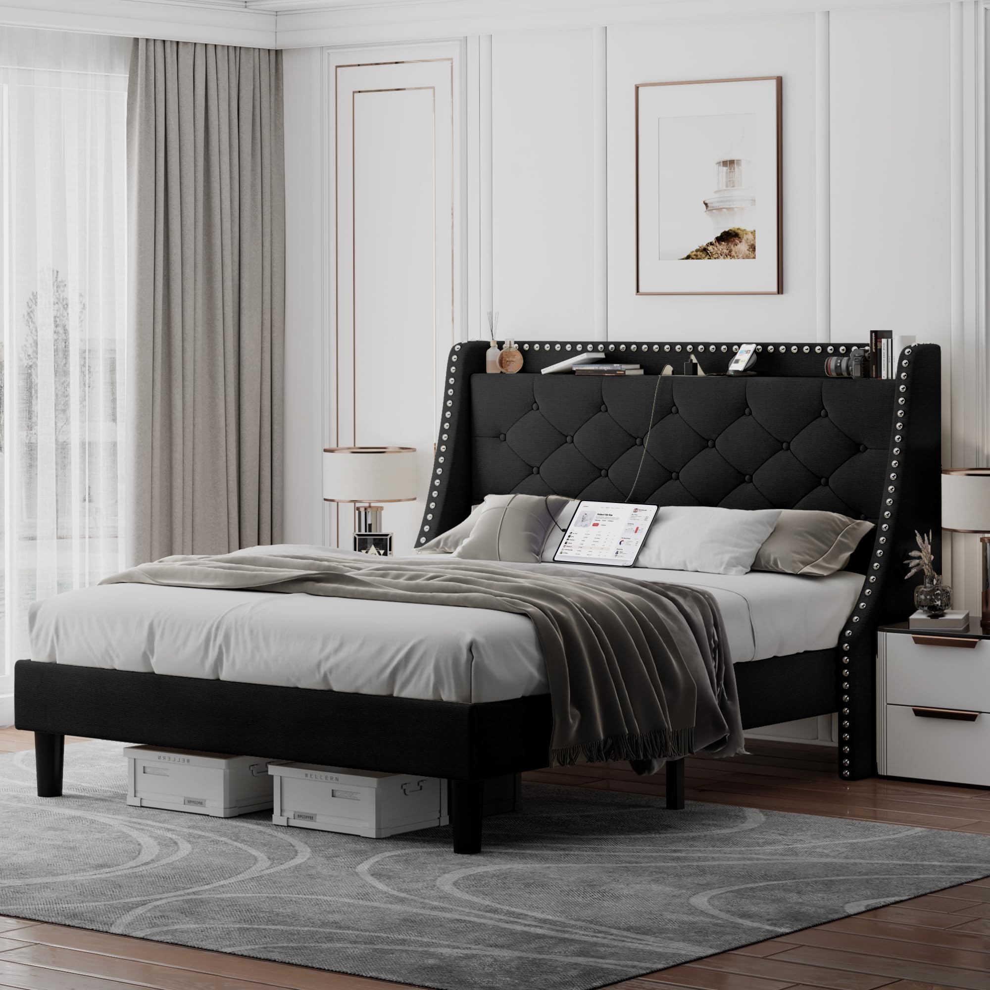 Feonase Queen Platform Bed Frame with Type-C & USB Charging Station, Upholstered Wingback & Storage Headboard, Solid Wood Slats, No Box Spring Needed, Easy Assemble, Black