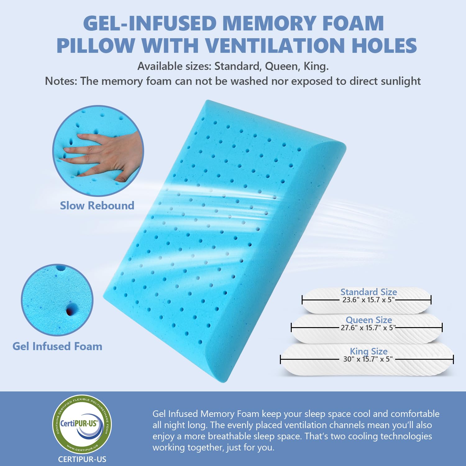 Ubozaw 2 Pack Cooling Gel Memory Foam Pillows for Sleeping, Firm Foam Bed Pillows with Holes, Ventilated Memory Foam Pillows for Back and Side Sleepers, 5 Inch Loft, with Washable Cover, Queen Size