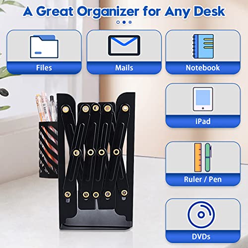 Heavy Duty Book End to Hold Books + Detachable Pen Holder, Adjustable Bookends Book Holder for Shelves, Decorative Book Organizer for Desk, Sturdy Metal Book Ends Binder Holder for Tabletop
