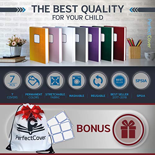 7 Pack Stretchable Book Covers - Multiple Colors Durable, Washable, Reusable and Protective Jackets for Hard Cover Schoolbooks and Textbooks - by PerfectCover (7-Pack, Set-2)