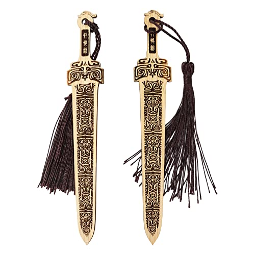 yueton 2PCS Creative Vintage Style Bookmarks Sword Shaped Bamboo Bookmark with Beautiful Tassels for Office, School, Home, Library and Bookstore Use - with a Gift Box