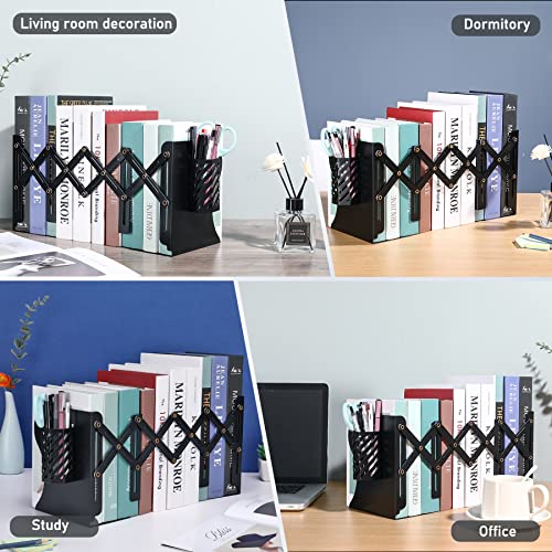 Adjustable Book Ends, Hmseng Metal Bookends Book Holders for Shelves, Desk Magazine File Organizer Holder for Office, Books, Papers, Extends up to 19 inches.Scratch-Resistant Hand Coating-Black