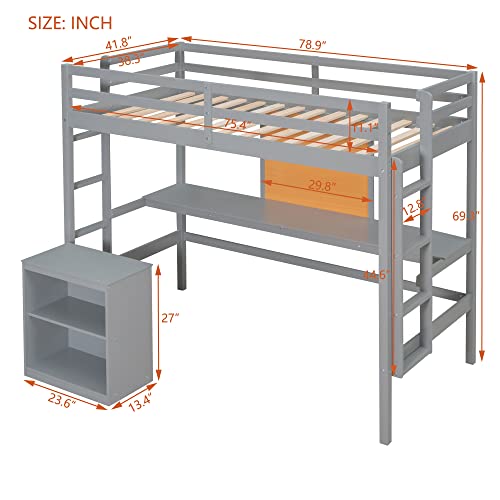 BOVZA Twin Size Loft Bed with Desk and Writing Board, Wood Loft Bed Frame with 2 Drawers Cabinet and 2 Side Ladders, Gray